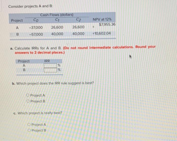 Solved Consider projects A and B: a. Calculate IRRs for A | Chegg.com
