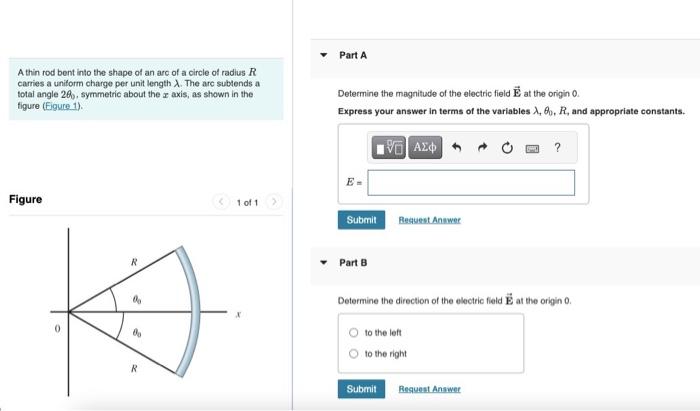 Solved A thin rod bent into the shape of an arc of a circle | Chegg.com