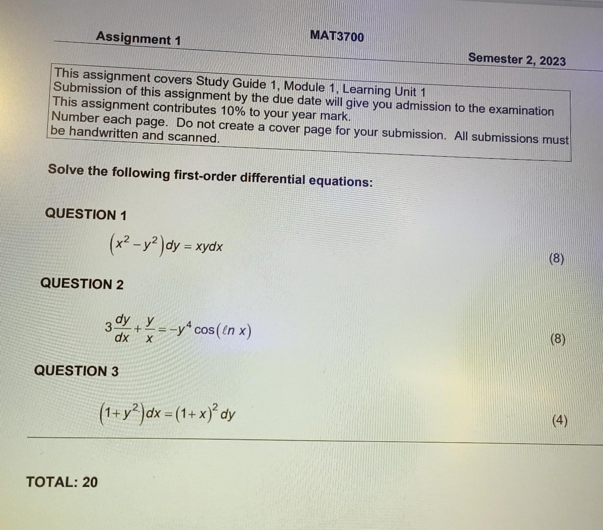Solved Assignment 1 MAT 3700 Semester 2, 2023 This | Chegg.com