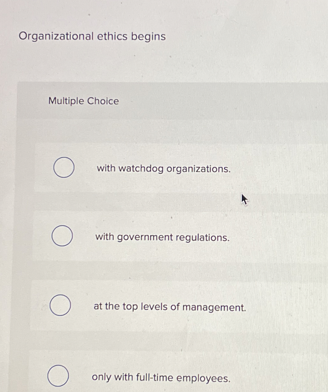 Solved Organizational ethics beginsMultiple Choicewith | Chegg.com