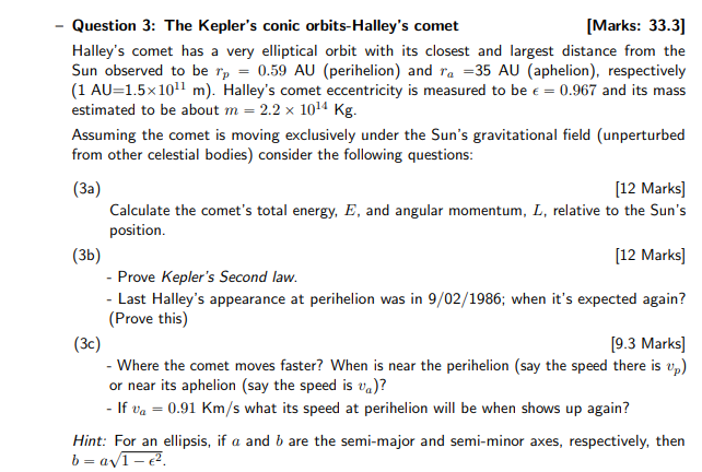 Solved Question 3: The Kepler's conic orbits-Halley's | Chegg.com