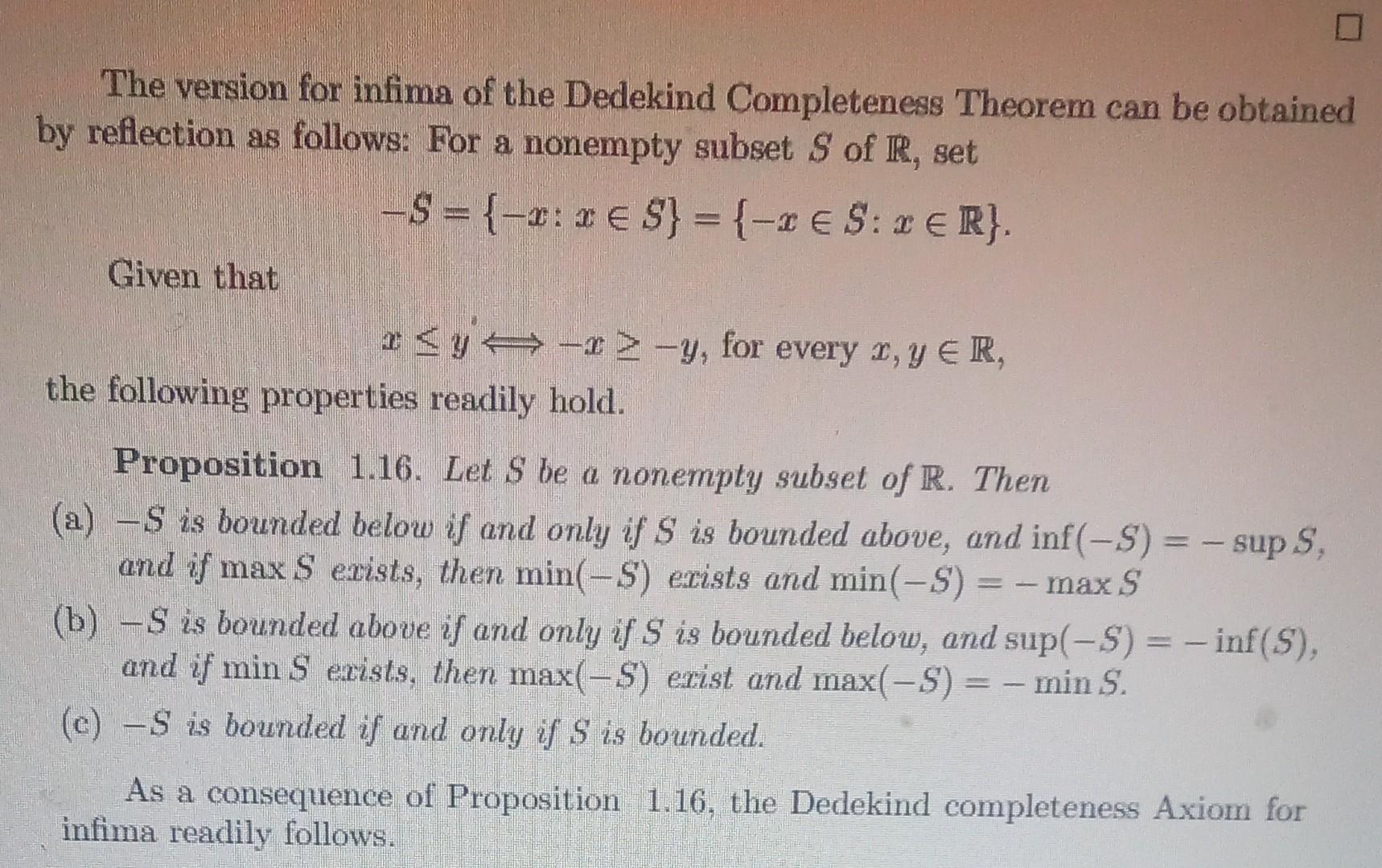 The version for infima of the Dedekind Completeness | Chegg.com