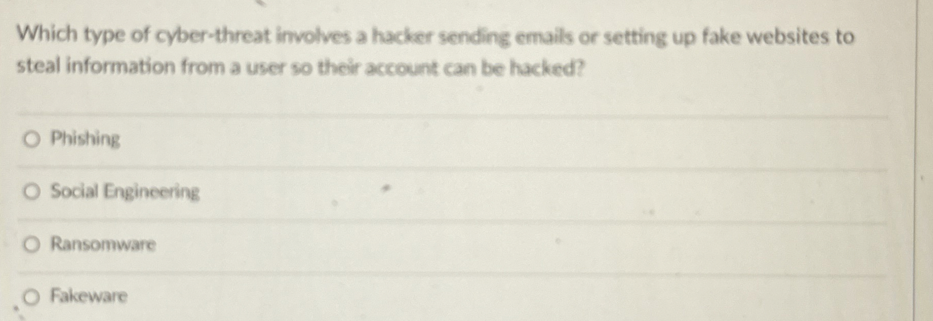 Solved Which type of cyber-threat involves a hacker sending | Chegg.com