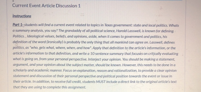 Solved Current Event Article Discussion 1 Instructions Part | Chegg.com