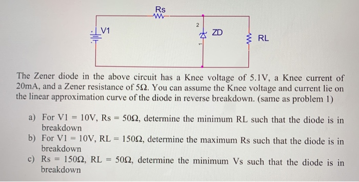 Solved Rs 2 V1 ZD RL The Zener diode in the above circuit | Chegg.com