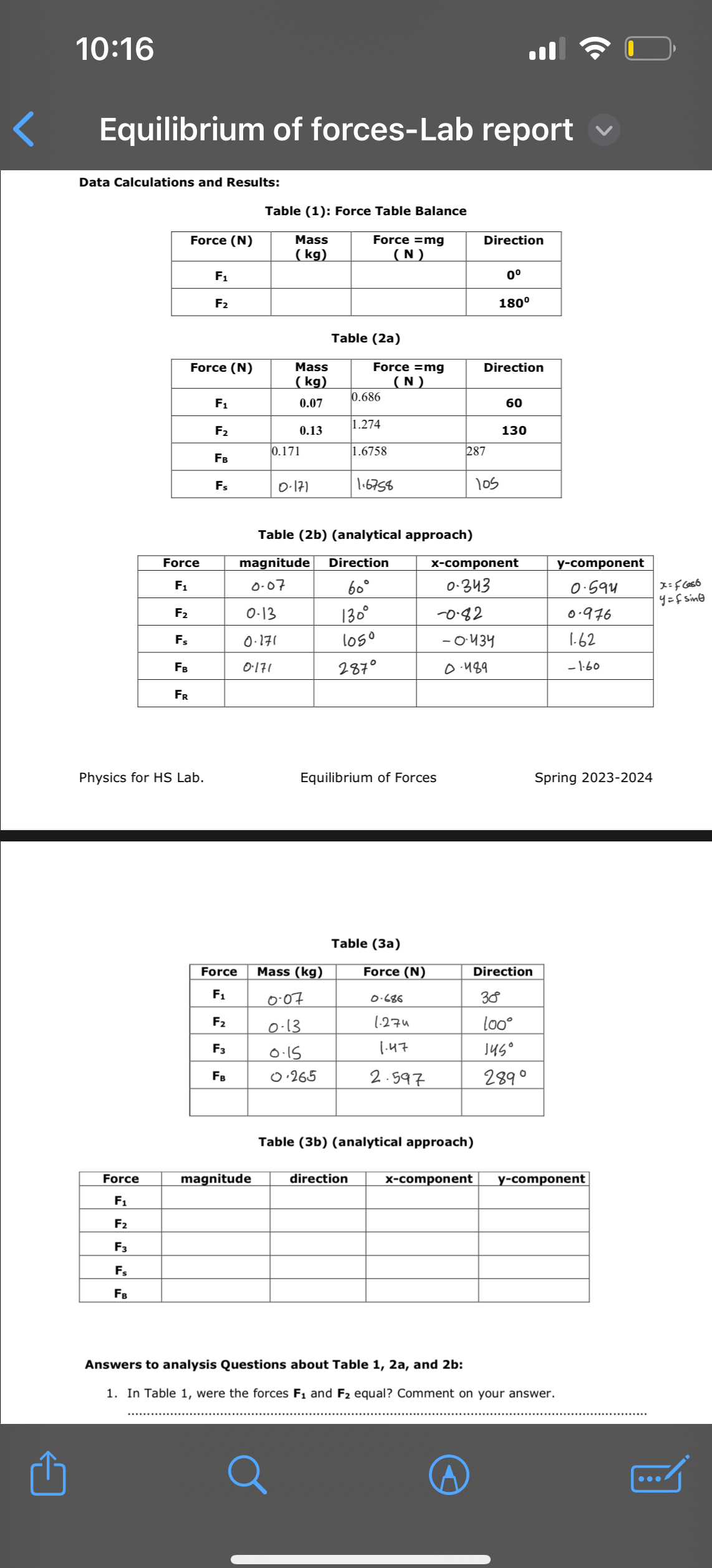Solved Equilibrium of forces-Lab reportData Calculations and | Chegg.com