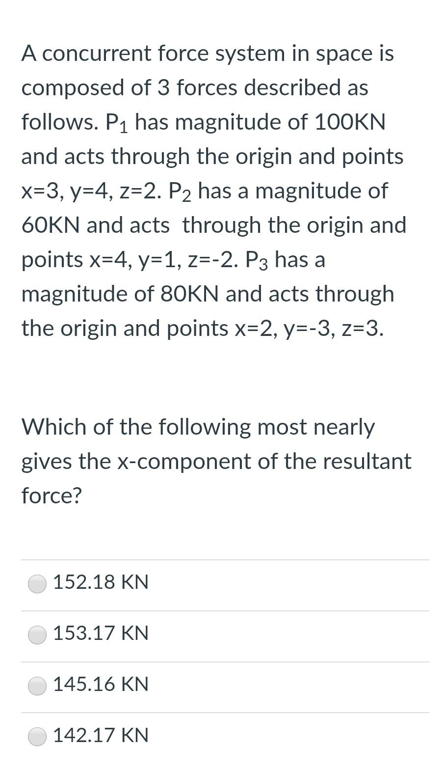 Solved A concurrent force system in space is composed of 3 | Chegg.com