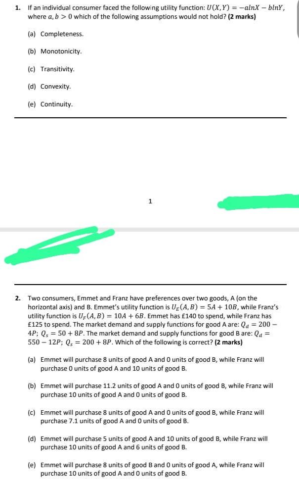 Solved 1. If an individual consumer faced the following | Chegg.com