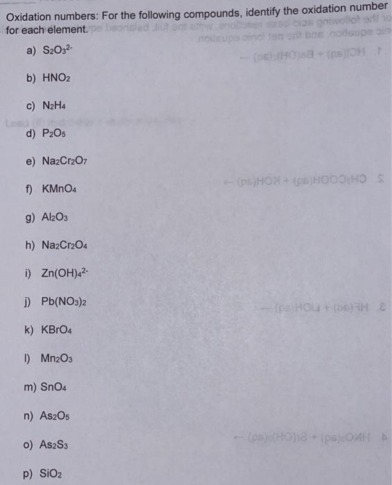 Solved Oxidation numbers: For the following compounds, | Chegg.com