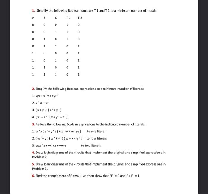 Solved 1 Simplify The Following Boolean Functions T1 And T2