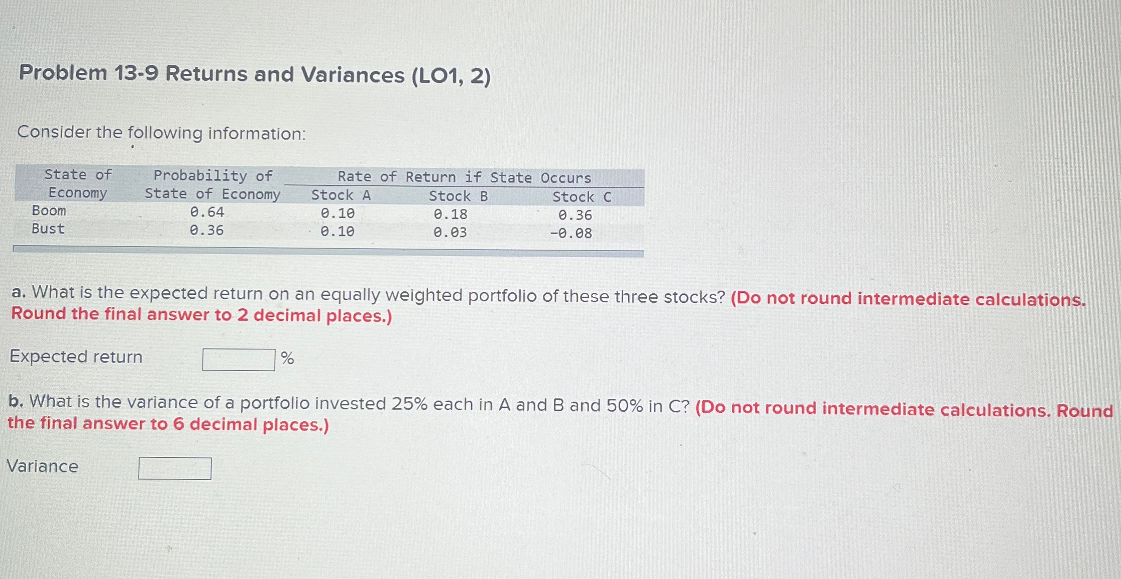 Solved Problem 13-9 ﻿Returns and Variances (LO1, 2)Consider | Chegg.com