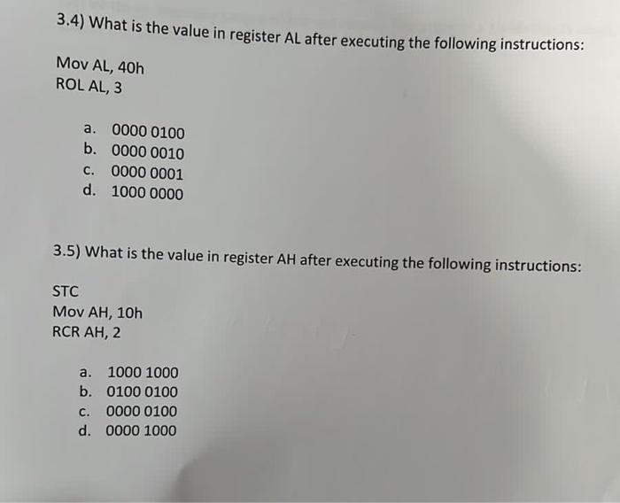 Solved 3.4) What is the value in register AL after executing | Chegg.com