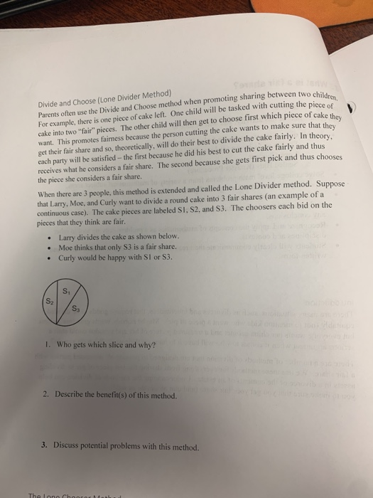 Solved Parents often use the Divide and Choose method when | Chegg.com