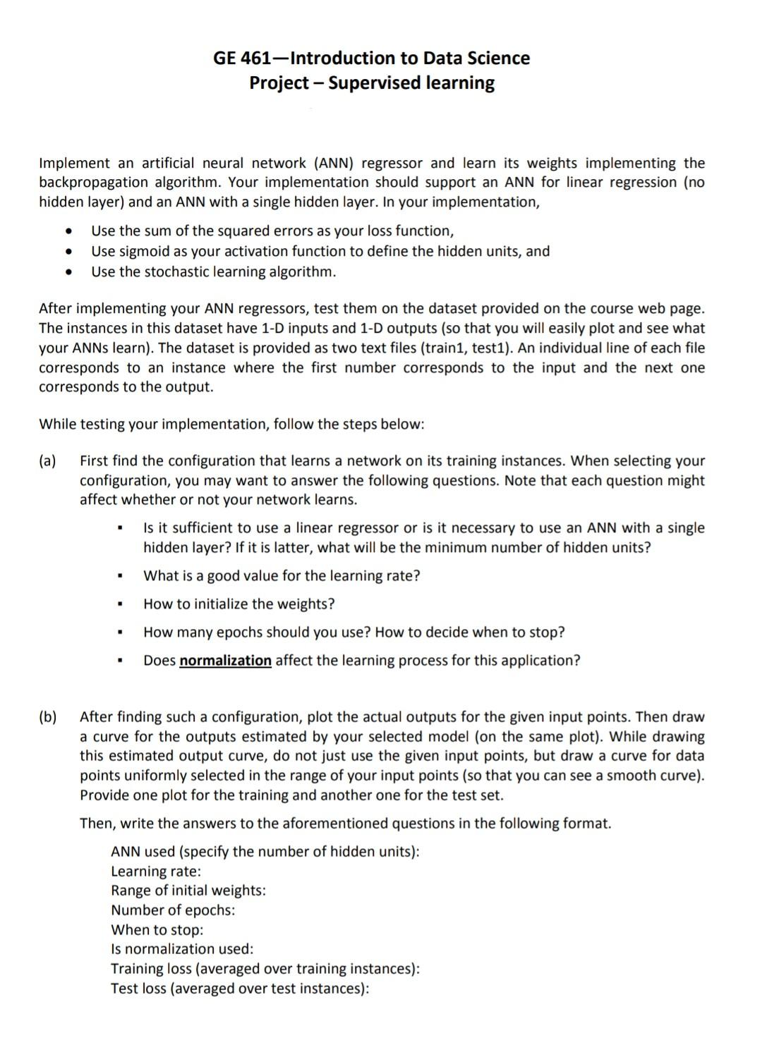 Solved GE 461-Introduction to Data Science Project - | Chegg.com
