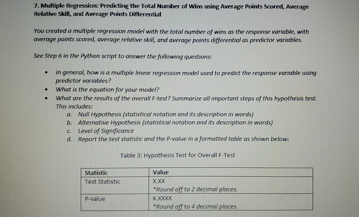 Solved 7 Multiple Regression Predicting The Total Number