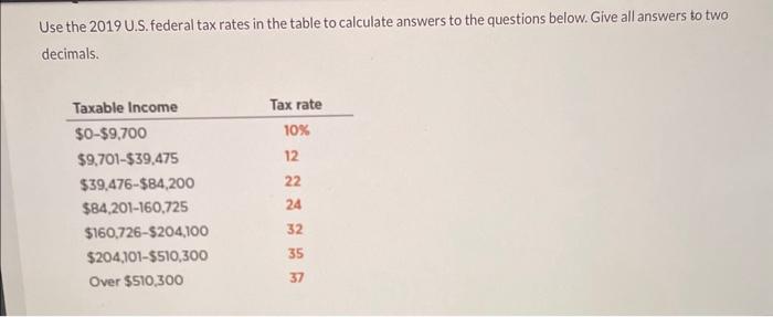[Solved]: Use the 2019 U.S. federal tax rates in the table