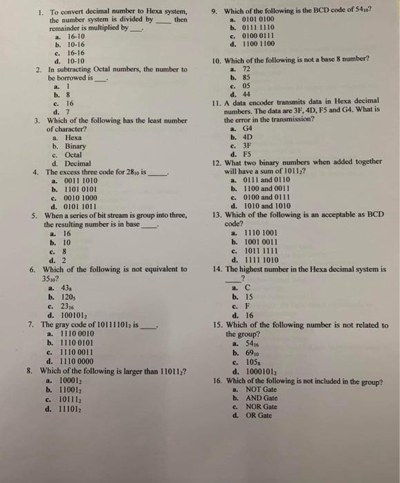 Solved 1. To convert decimal number to Hexa system, the | Chegg.com