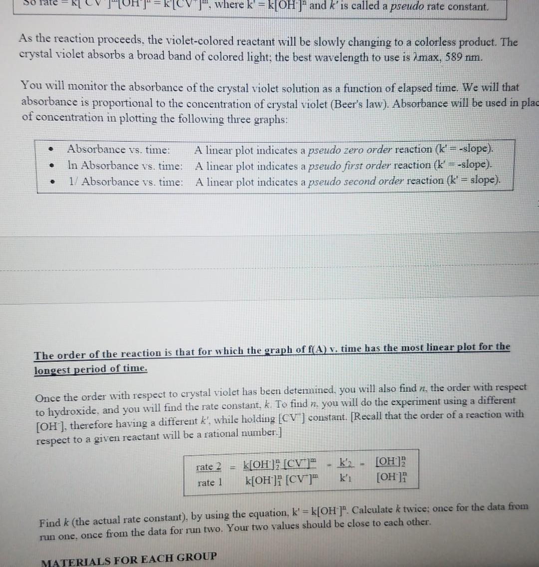 Solved Instructions for Crystal Violet Kinetic Data | Chegg.com