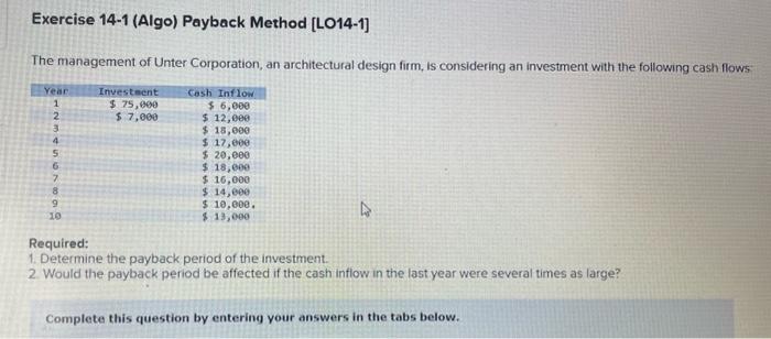 Solved Exercise 14-1 (Algo) Payback Method [LO14-1] The | Chegg.com