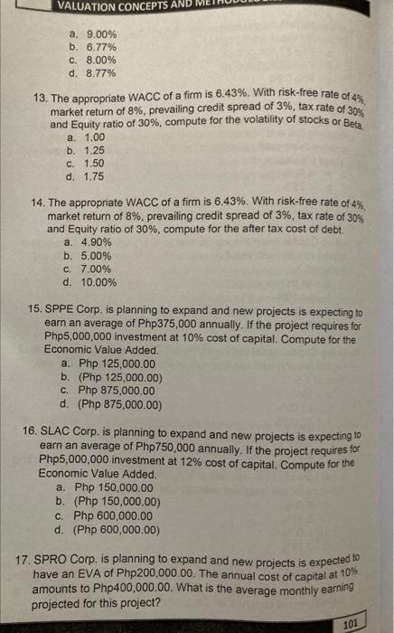Solved VALUATION CONCEPTS AND METHODOLOGIES MULTIPLE CHOICE | Chegg.com