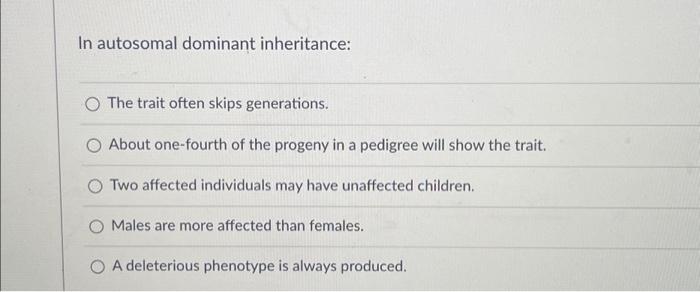 Solved In autosomal dominant inheritance: O The trait often | Chegg.com