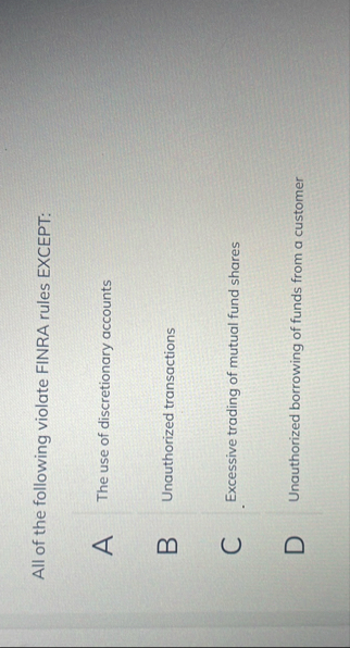 Solved All of the following violate FINRA rules EXCEPT:A The | Chegg.com