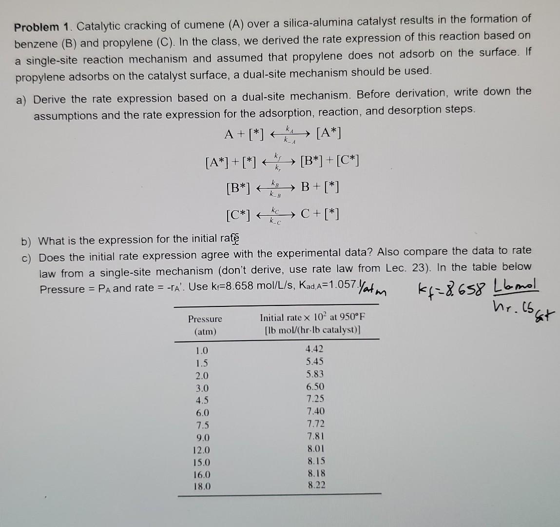 Solved Problem 1. Catalytic cracking of cumene (A) over a | Chegg.com