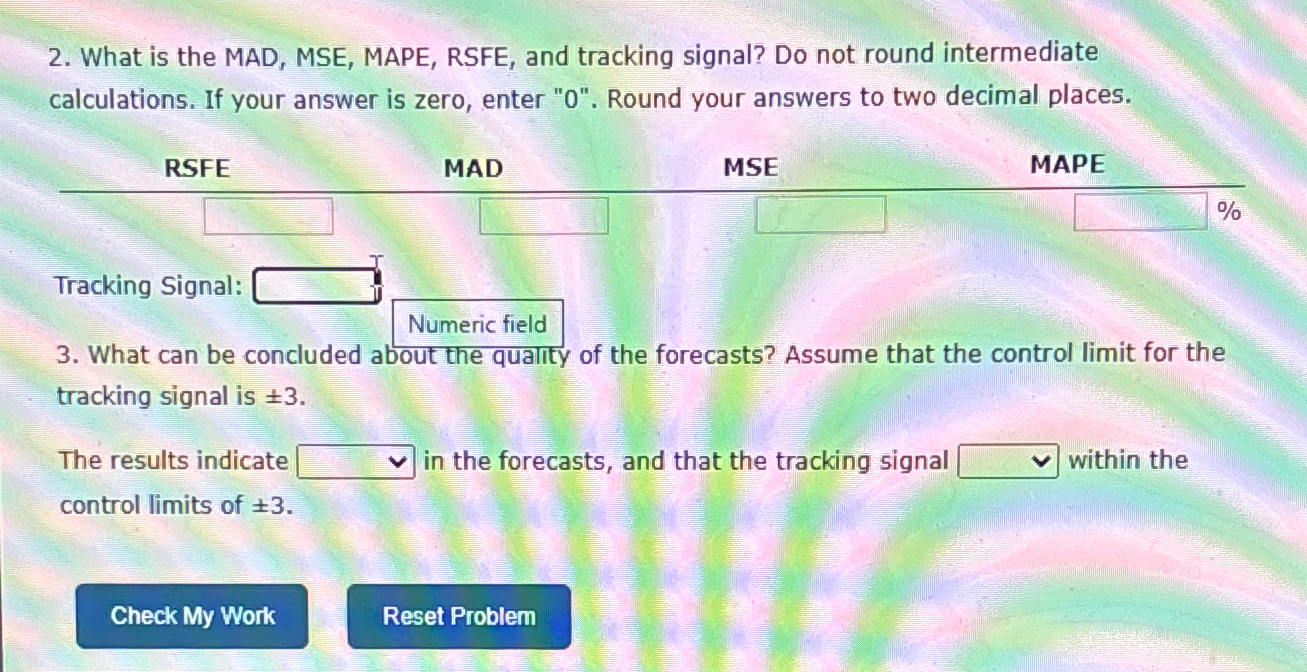 Solved What is the MAD, MSE, MAPE, RSFE, and tracking | Chegg.com