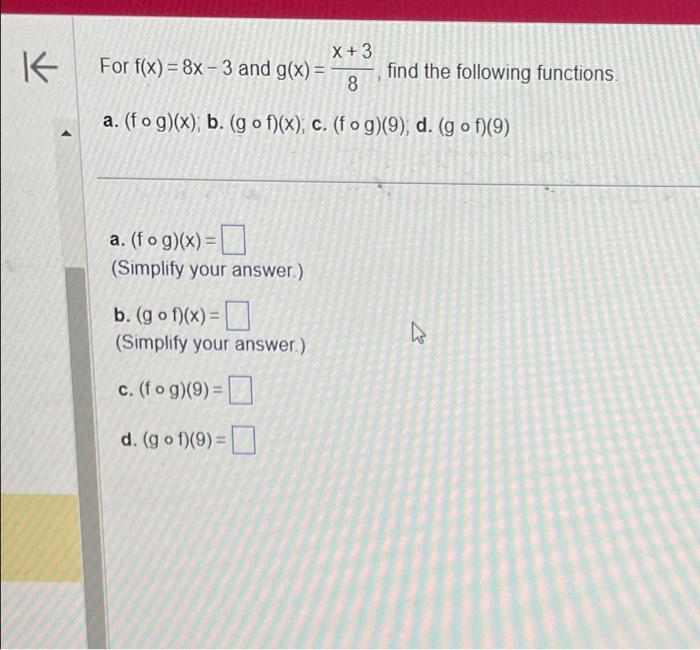 Solved For f(x)=8x−3 and g(x)=8x+3, find the following | Chegg.com