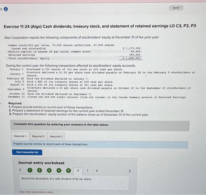 Solved Exercise 11-24 (Algo) Cash dividends, treasury stock, | Chegg.com