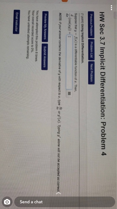 Solved HW Sec 3.7 Implicit Differentiation: Problem 4 | Chegg.com