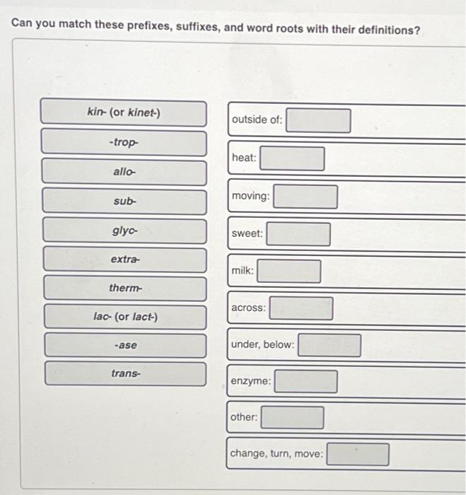 Solved Can you match these prefixes, suffixes, and word | Chegg.com