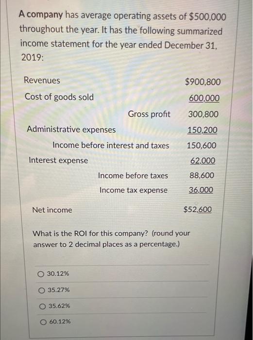 Solved A company has average operating assets of $500,000 | Chegg.com