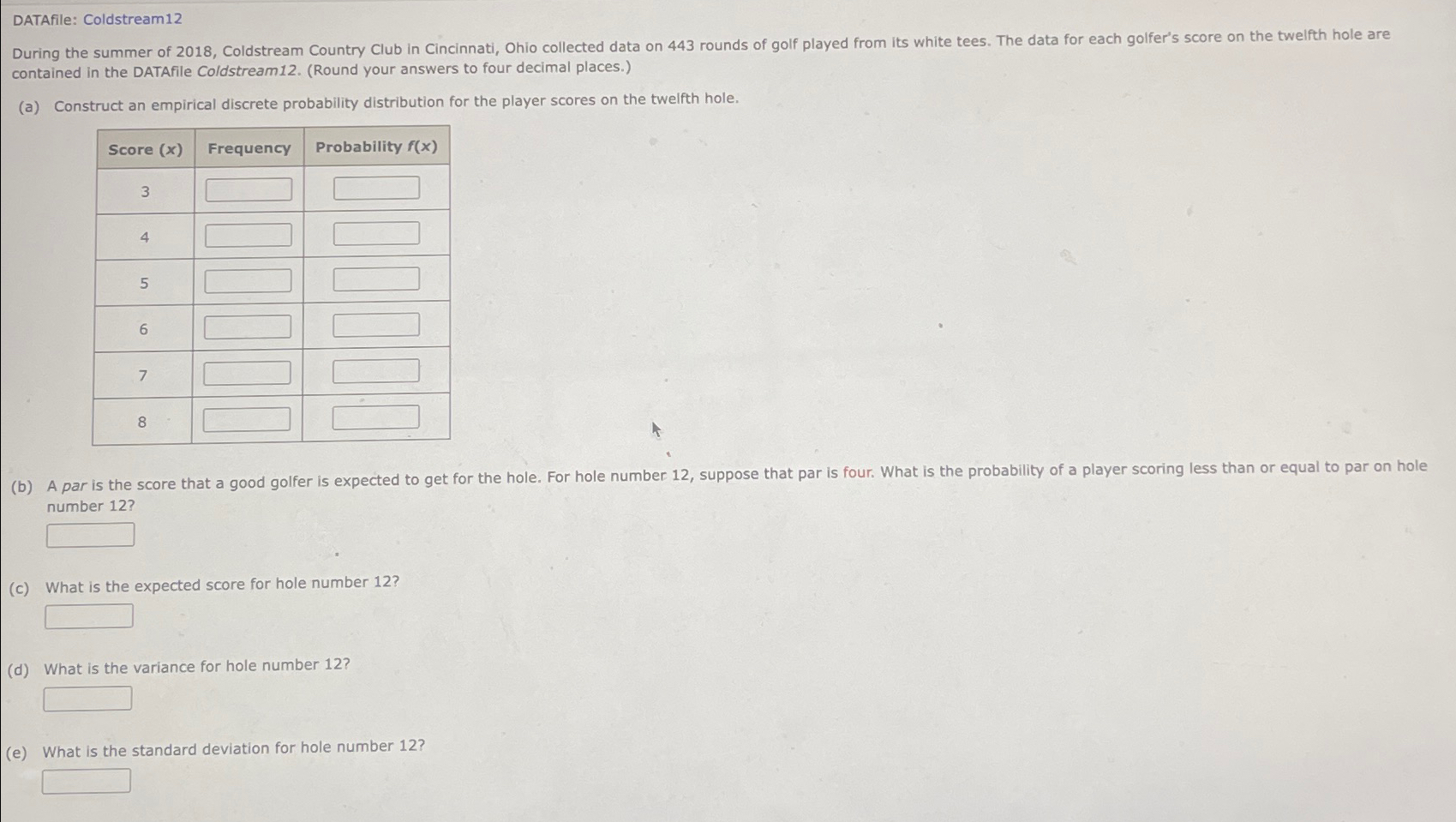 Solved DATAfile: Coldstream 12 ﻿contained in the DATAfile | Chegg.com