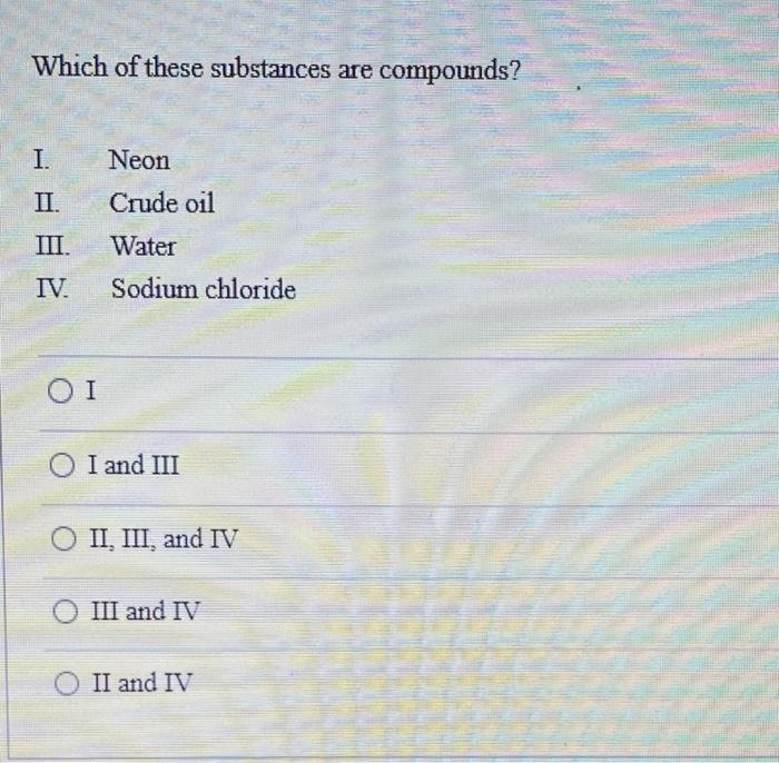 Solved Which of these substances are compounds? I. Neon | Chegg.com