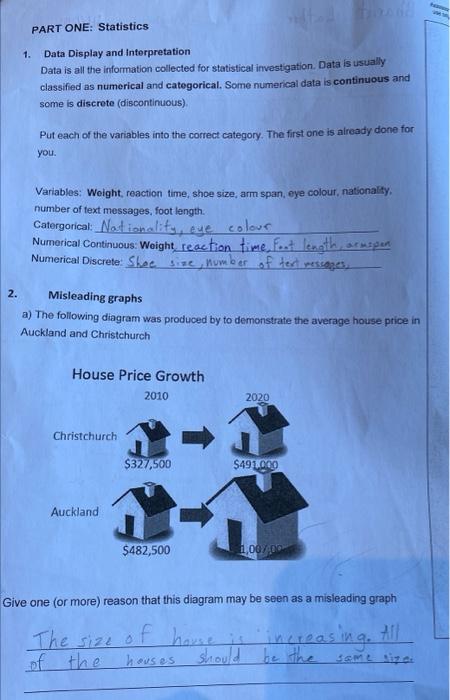 Solved PART ONE: Statistics 1. Data Display and | Chegg.com