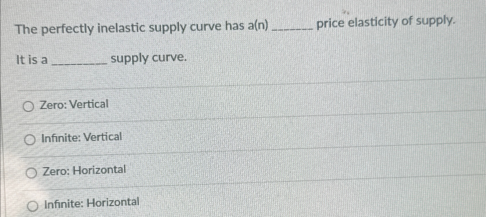 Solved The perfectly inelastic supply curve has a(n) ﻿price | Chegg.com