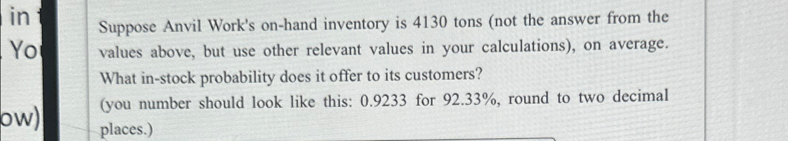 Solved Suppose Anvil Work's on-hand inventory is 4130 ﻿tons | Chegg.com