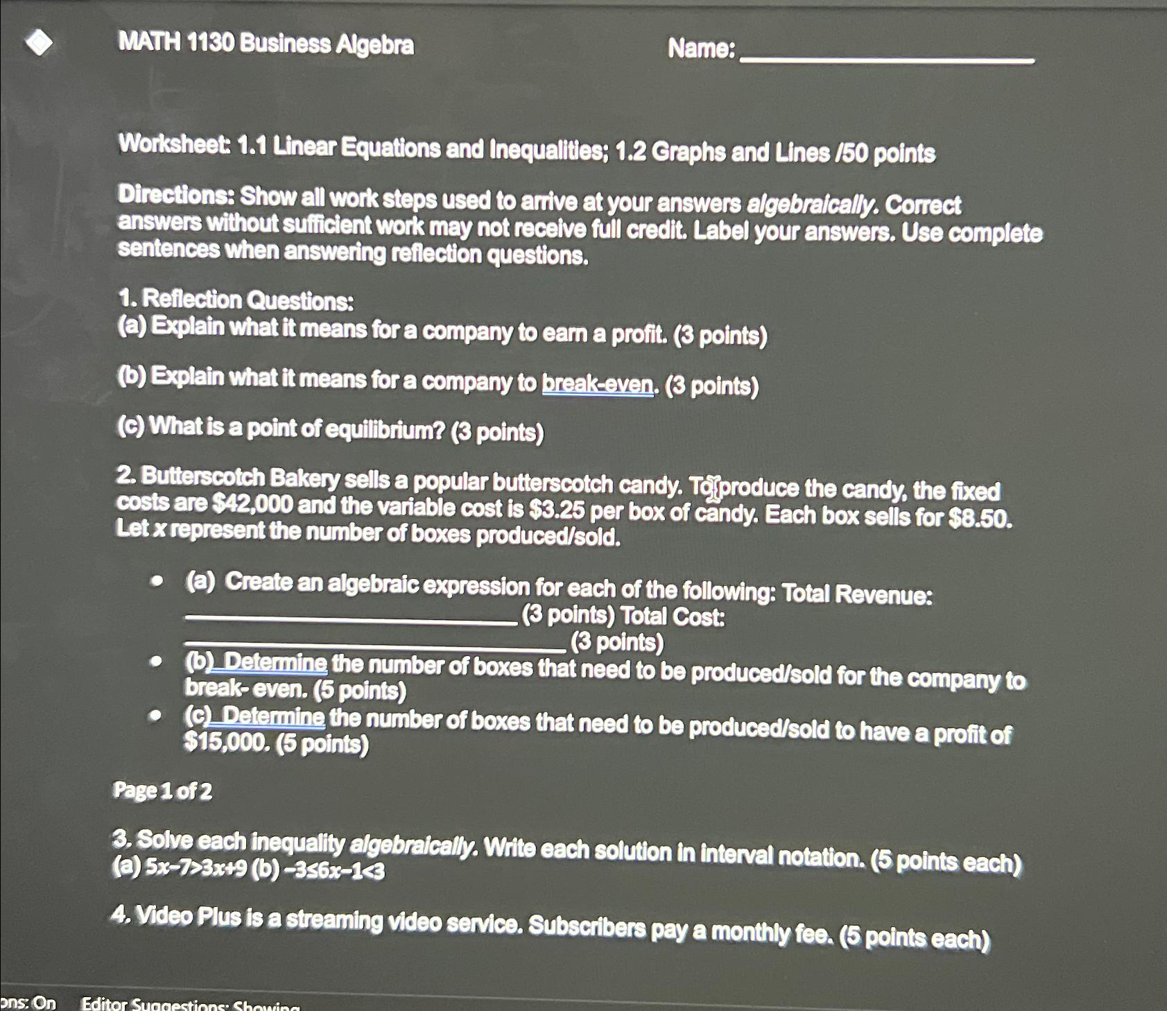 Solved MATH 1130 ﻿Business AlgebraName:Worksheet: 1.1 | Chegg.com