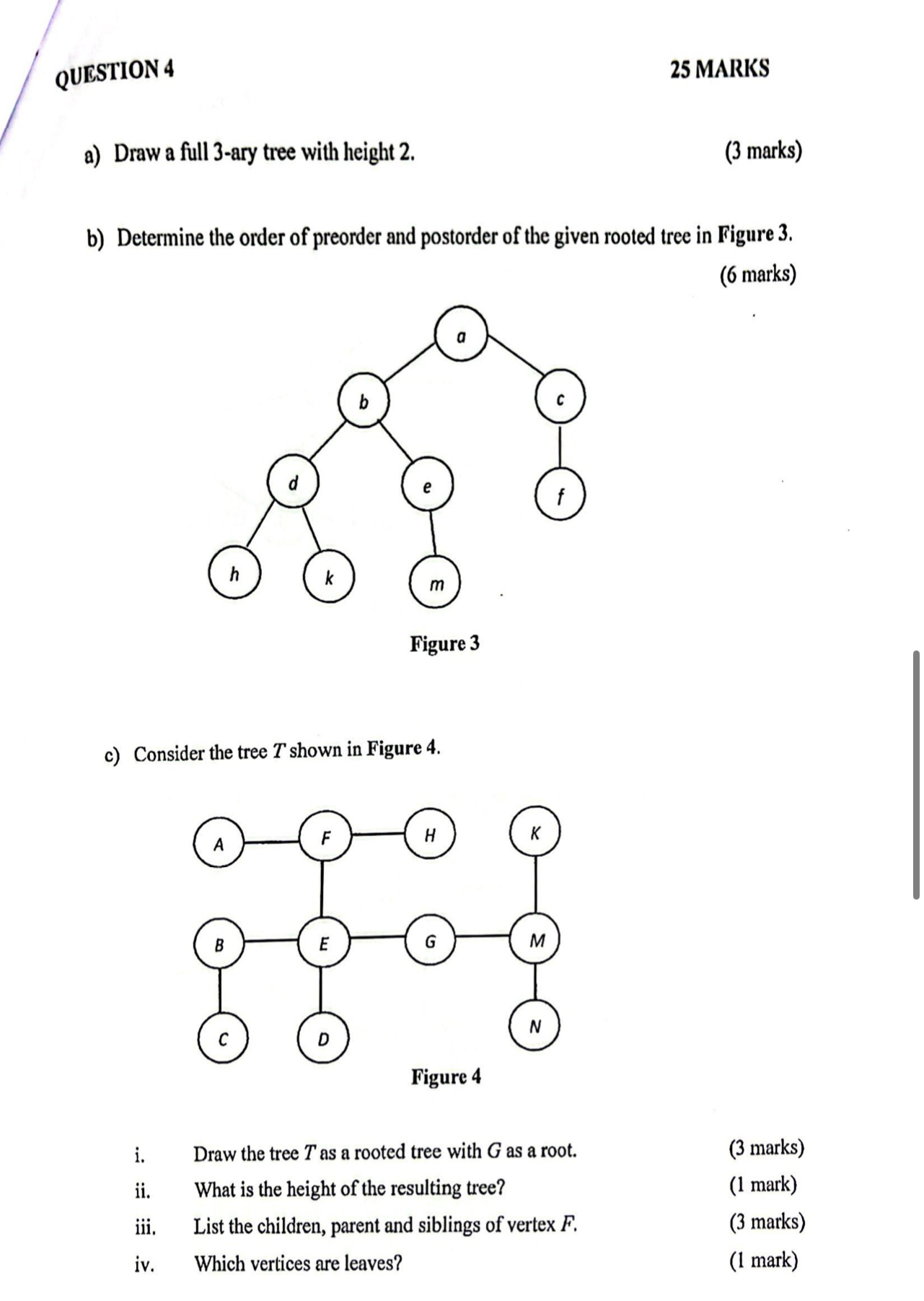 Solved QUESTION 425 ﻿MARKSa) ﻿Draw a full 3 -ary tree with | Chegg.com