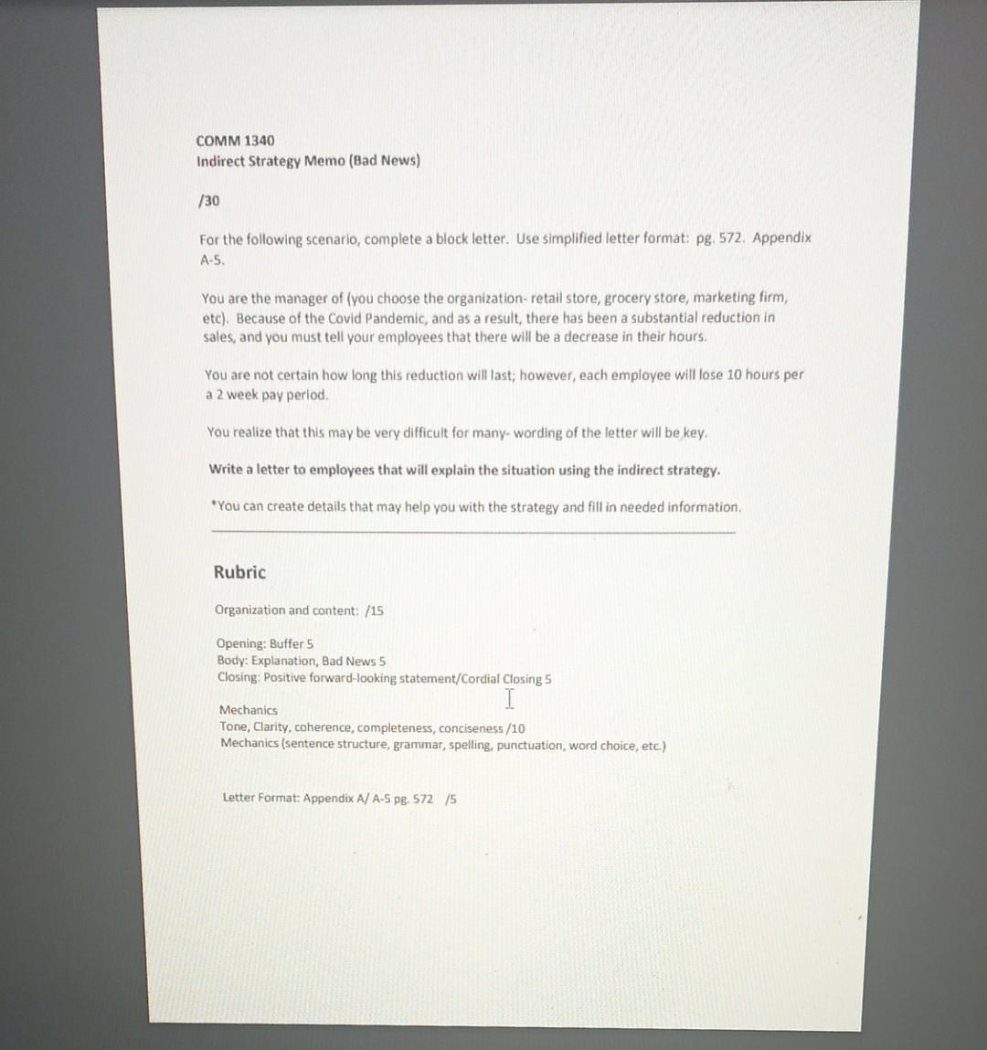 Solved COMM 1340 Indirect Strategy Memo (Bad News) 130 For | Chegg.com