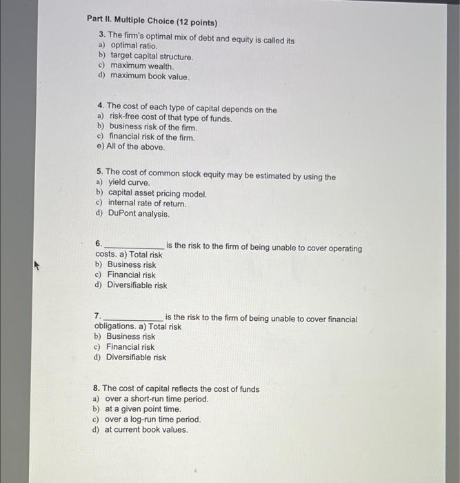 Solved Part II. Multiple Choice (12 points) 3. The firm's | Chegg.com