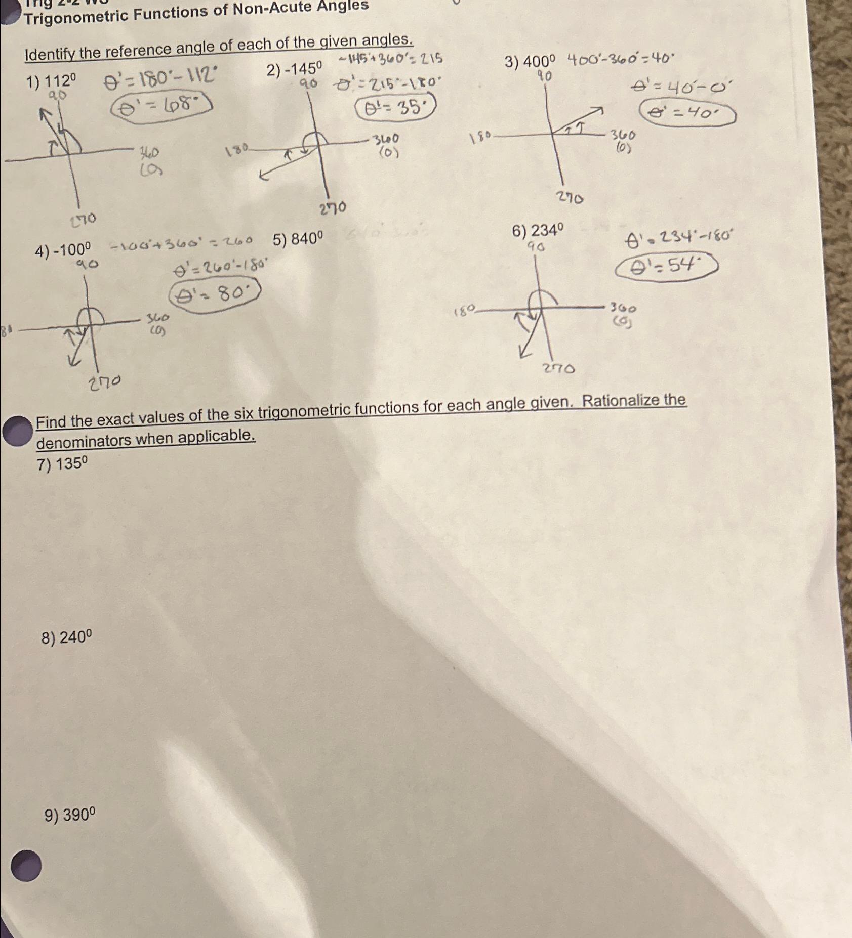 Solved Trigonometric Functions of Non-Acute AnglesIdentify | Chegg.com
