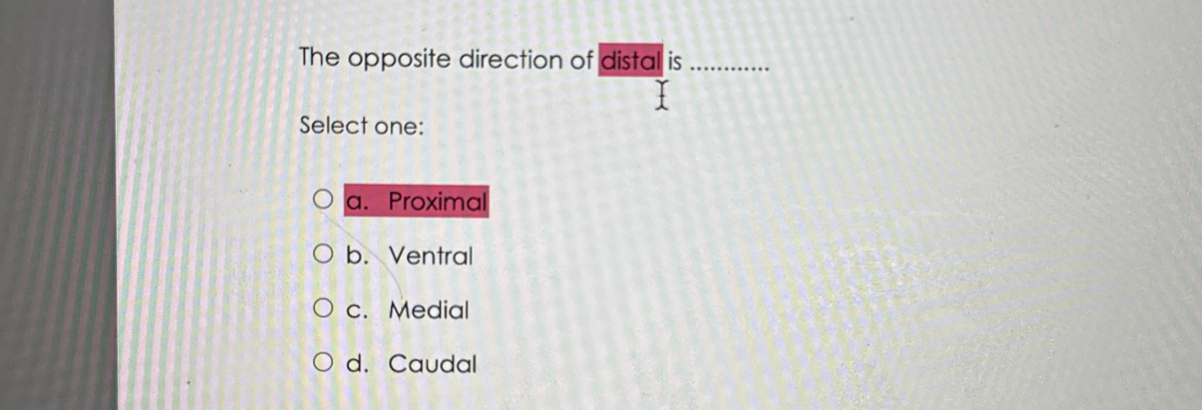 Solved The opposite direction of distal is q,Select one:a. | Chegg.com