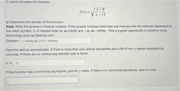 Solved (1 point) Consider the function f(x)=x−11x−8 a) | Chegg.com