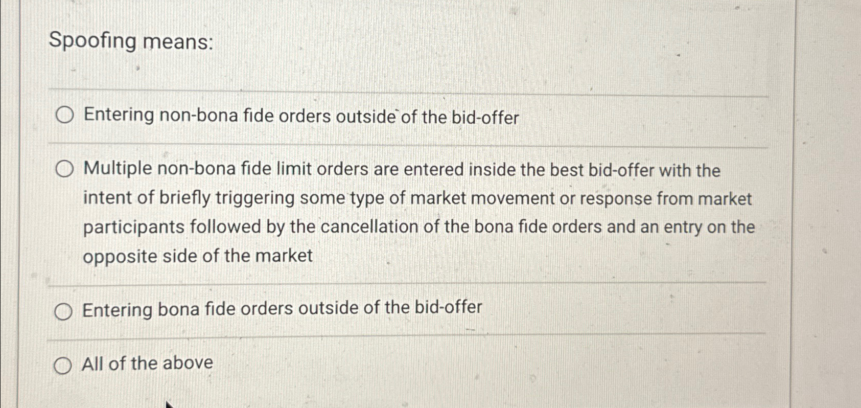 Solved Spoofing means:Entering non-bona fide orders outside | Chegg.com