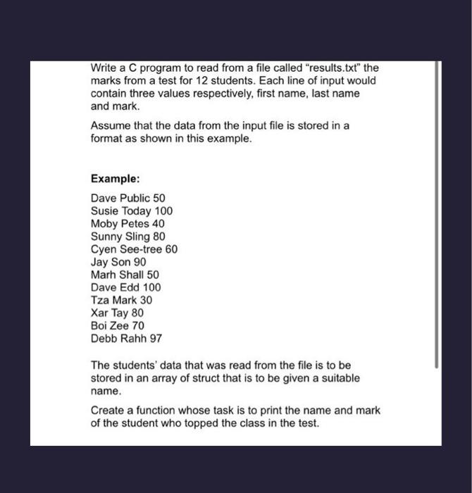 Solved Write a C program to read from a file called | Chegg.com