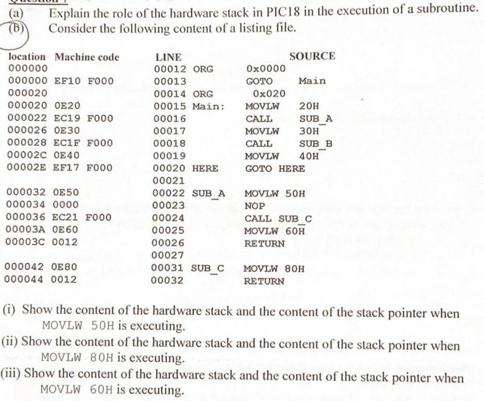 Solved (a) Explain the role of the hardware stack in PIC18 | Chegg.com