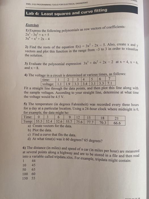 Solved Lab 4 Least Squares And Curve Fitting Enel 2102 