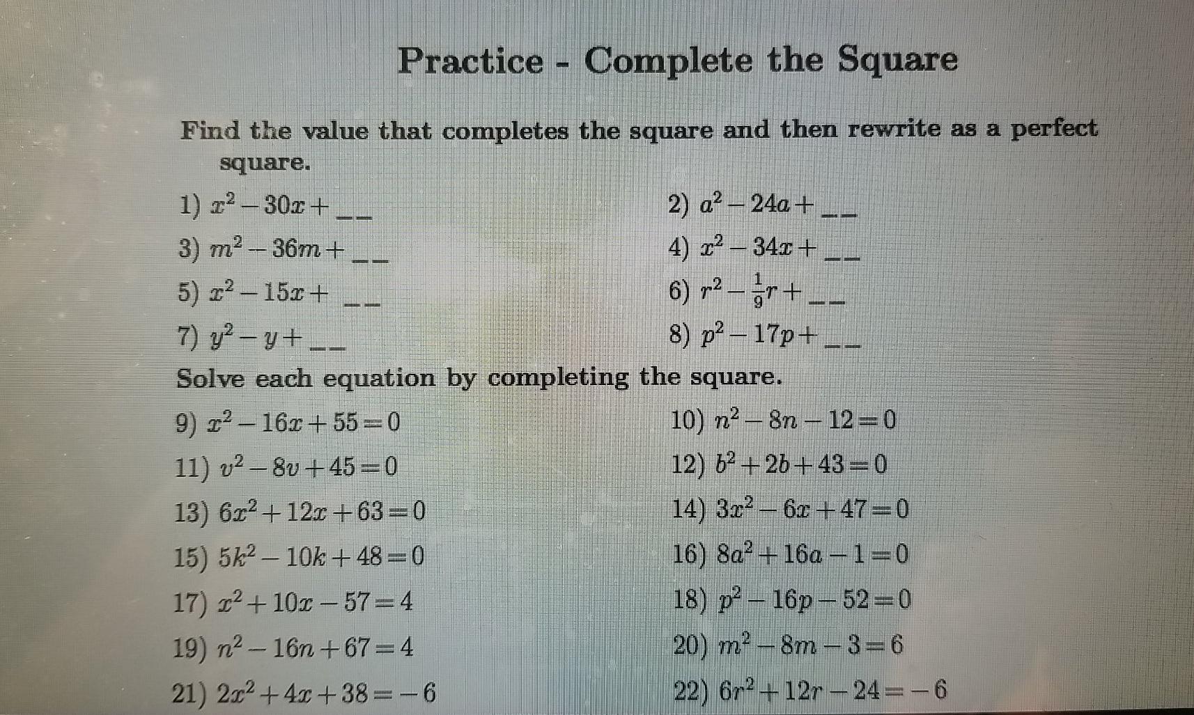 Solved Practice - Complete the Square MIR 8) p2 – 17p+-- | Chegg.com